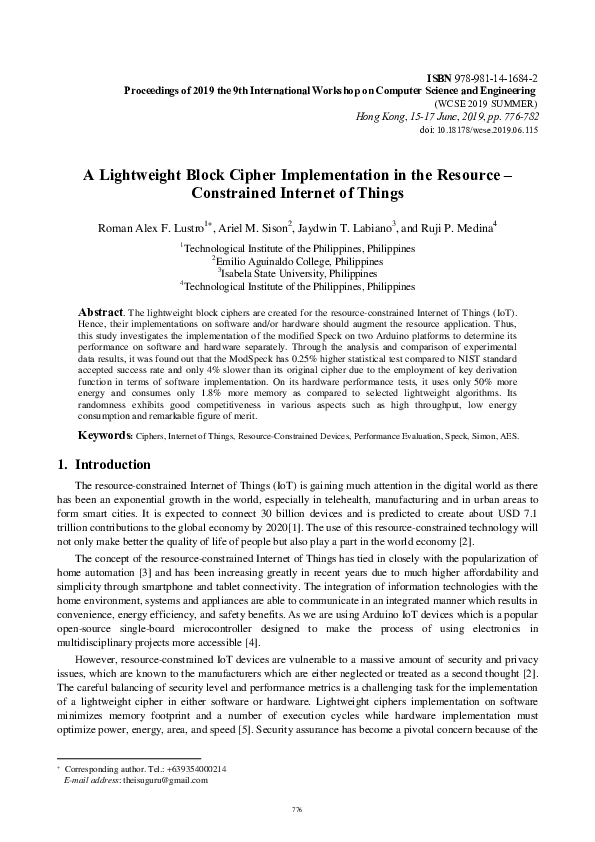Pdf A Lightweight Block Cipher Implementation In The Resource Constrained Internet Of Things 