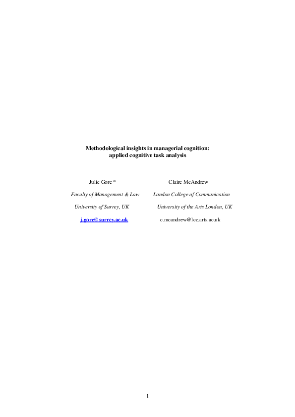 (PDF) Methodological insights in managerial cognition:applied cognitive task analysis