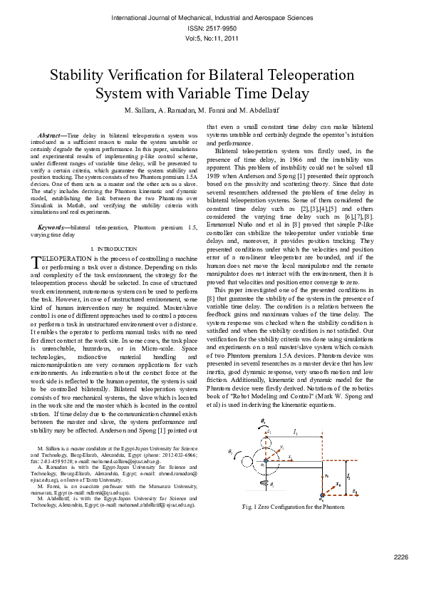 (PDF) Stability Verification for Bilateral Teleoperation System with Variable Time Delay