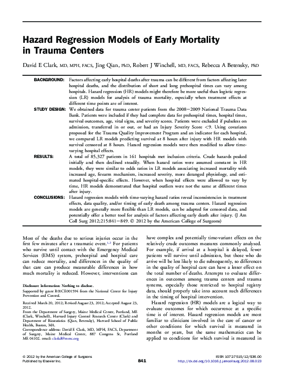 (PDF) Hazard Regression Models of Early Mortality in Trauma Centers