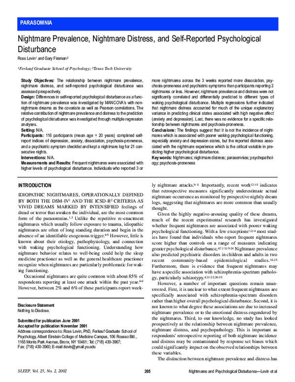 (PDF) Nightmare prevalence, nightmare distress, and self-reported ...