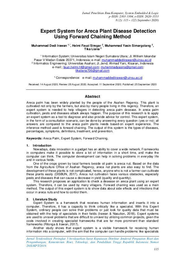 (PDF) Expert System for Areca Plant Disease Detection Using Forward Chaining Method