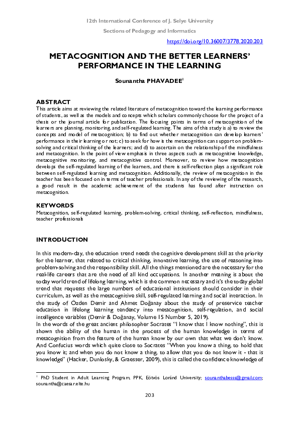 (PDF) METACOGNITION AND THE BETTER LEARNERS' PERFORMANCE IN THE LEARNING