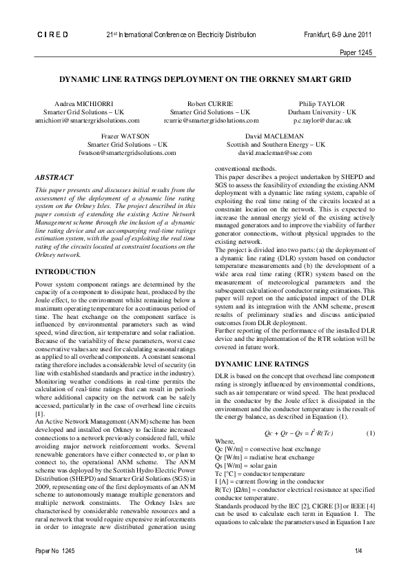 (PDF) Dynamic Line Ratings Deployment on the Orkney Smart Grid | Andrea MICHIORRI - Academia.edu