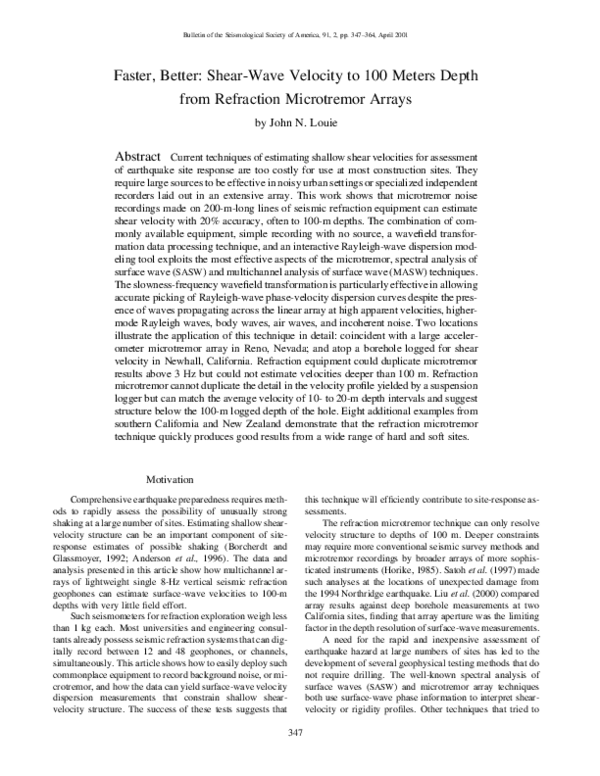 (PDF) Faster, better: shear-wave velocity to 100 meters depth from refraction microtremor arrays