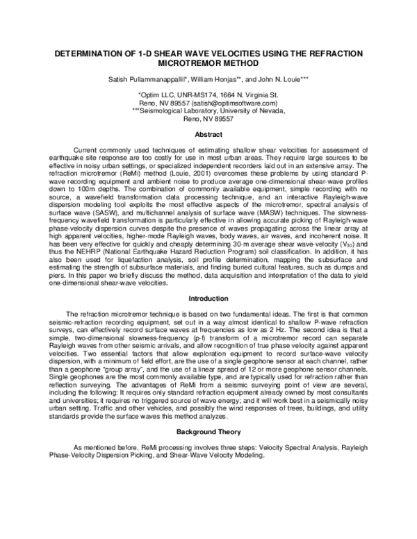 (PDF) Determination of 1-D Shear Wave Velocities Using the Refraction ...