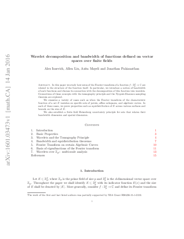 Pdf Wavelet Decomposition And Bandwidth Of Functions Defined On Vector Spaces Over Finite Fields