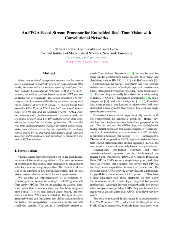 Pdf An Fpga Based Stream Processor For Embedded Real Time Vision With Convolutional Networks