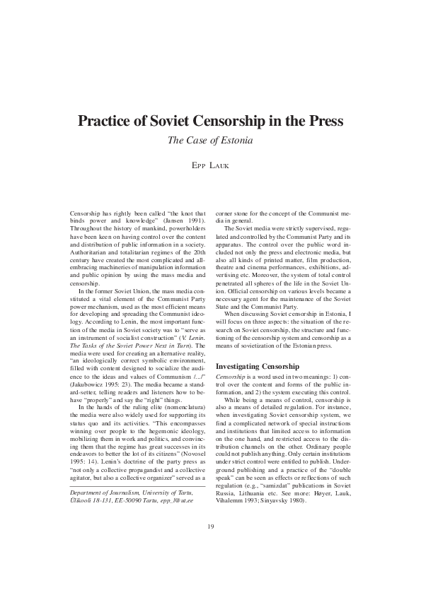 (PDF) Practice of Soviet Censorship in the Press The Case of Estonia
