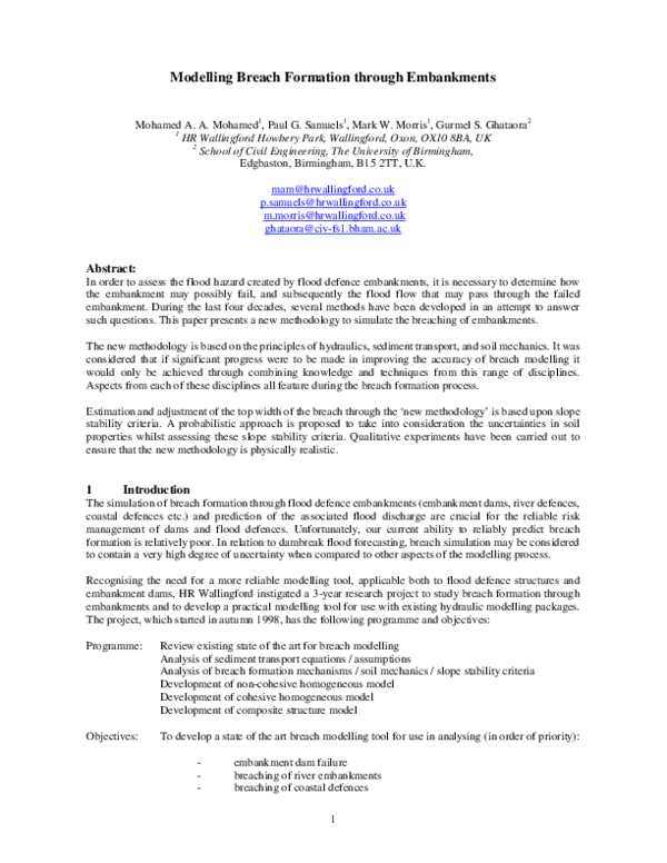 (PDF) Modelling Breach Formation through Embankments
