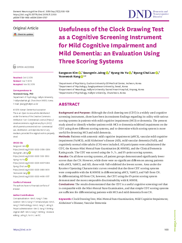 (PDF) Usefulness of the Clock Drawing Test as a Cognitive Screening ...