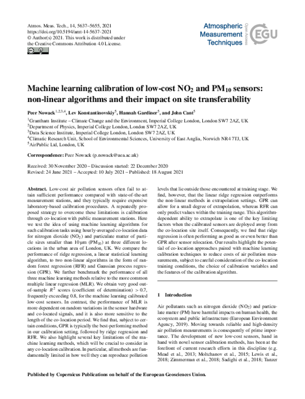 (PDF) Machine learning calibration of low-cost NO2 and PM10 sensors: non-linear algorithms and ...