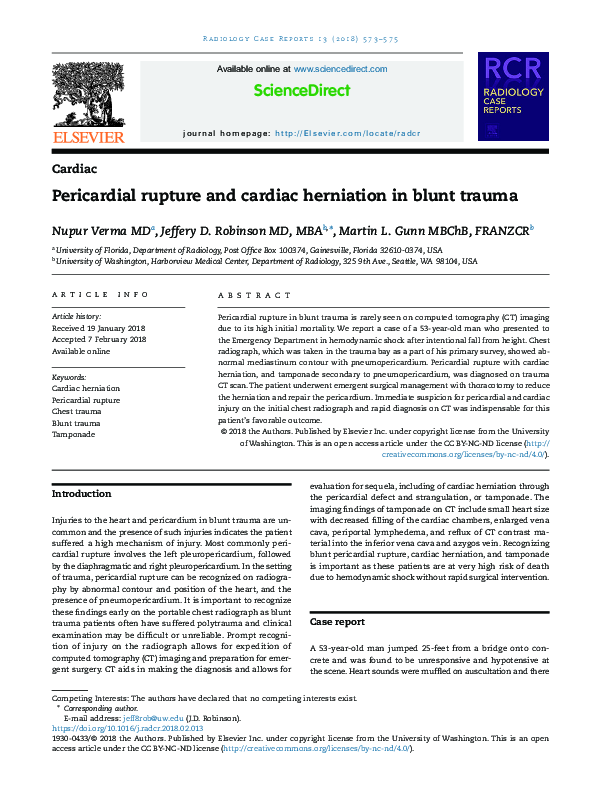 (PDF) Pericardial rupture and cardiac herniation in blunt trauma