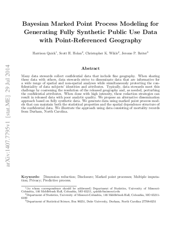 (PDF) Bayesian marked point process modeling for generating fully synthetic public use data with ...