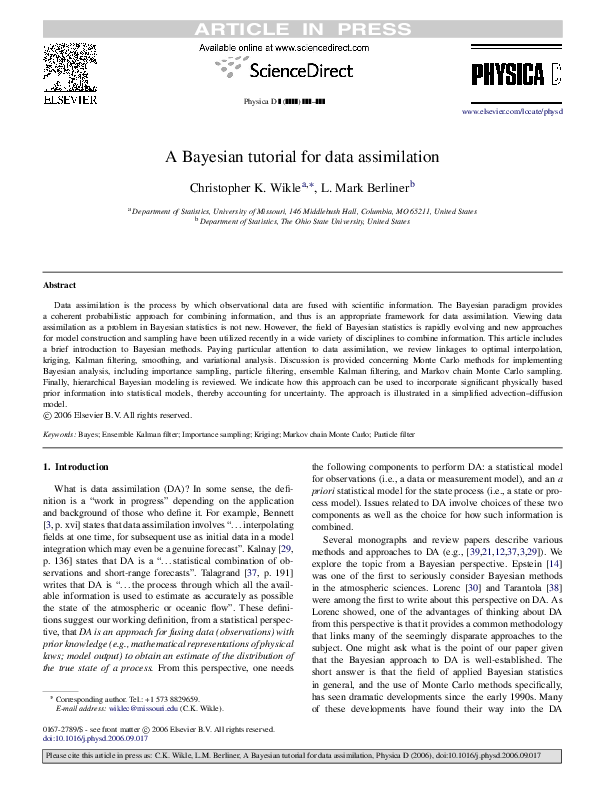 Pdf A Bayesian Tutorial For Data Assimilation