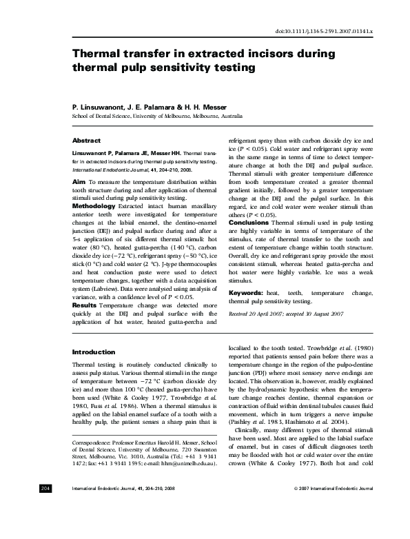 (PDF) Thermal transfer in extracted incisors during thermal pulp ...