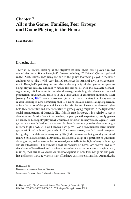 (PDF) All in the Game: Families, Peer Groups and Game Playing in the Home