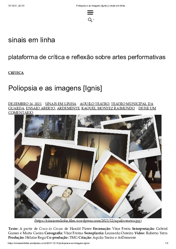 (PDF) Poliopsia e as imagens em Ignis de Aquilo Teatro - Crítica