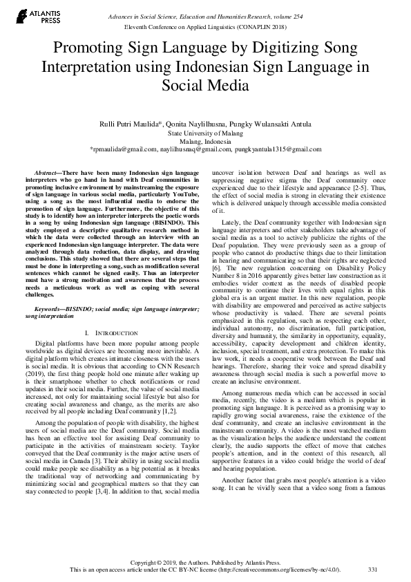 (PDF) Promoting Sign Language by Digitizing Song Interpretation using ...
