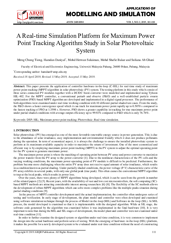 (PDF) A Real-time Simulation Platform for Maximum Power Point Tracking Algorithm Study in Solar ...