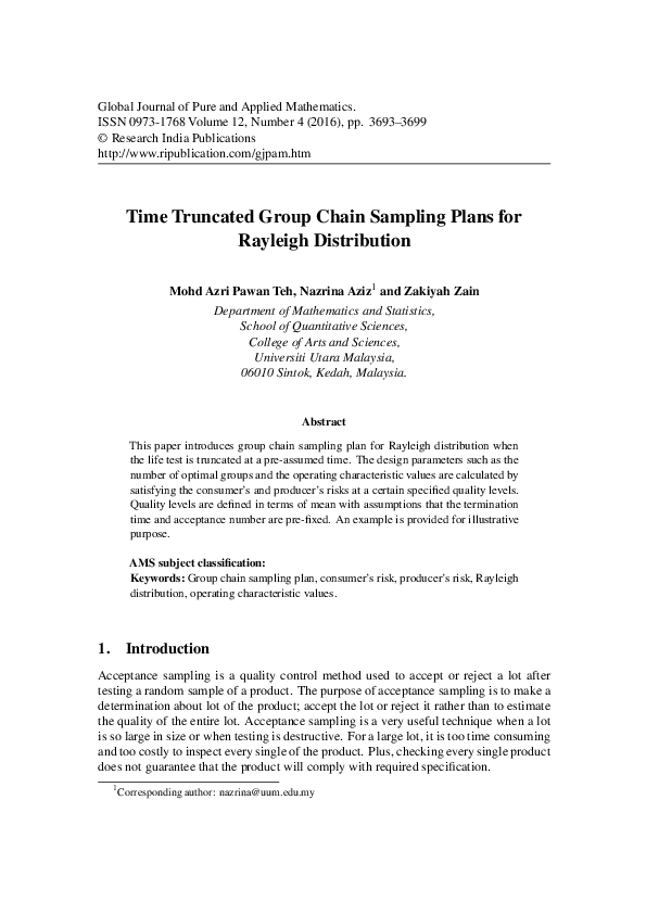 (PDF) Time Truncated Group Chain Sampling Plans for Rayleigh Distribution