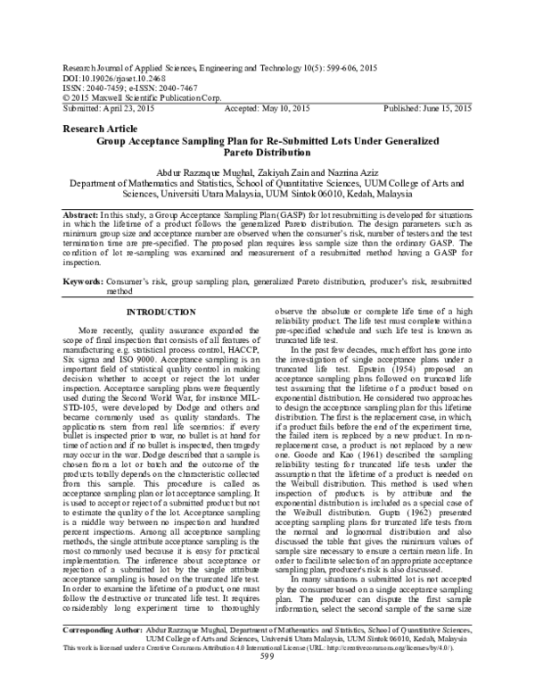 (PDF) Group Acceptance Sampling Plan for Re-Submitted Lots Under Generalized Pareto Distribution