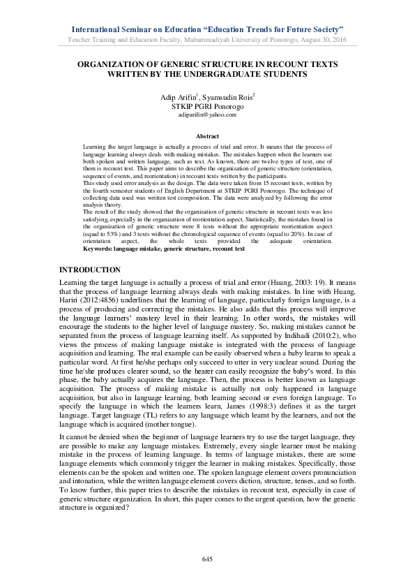 (PDF) Organization of Generic Structure in Recount Texts Written by the ...