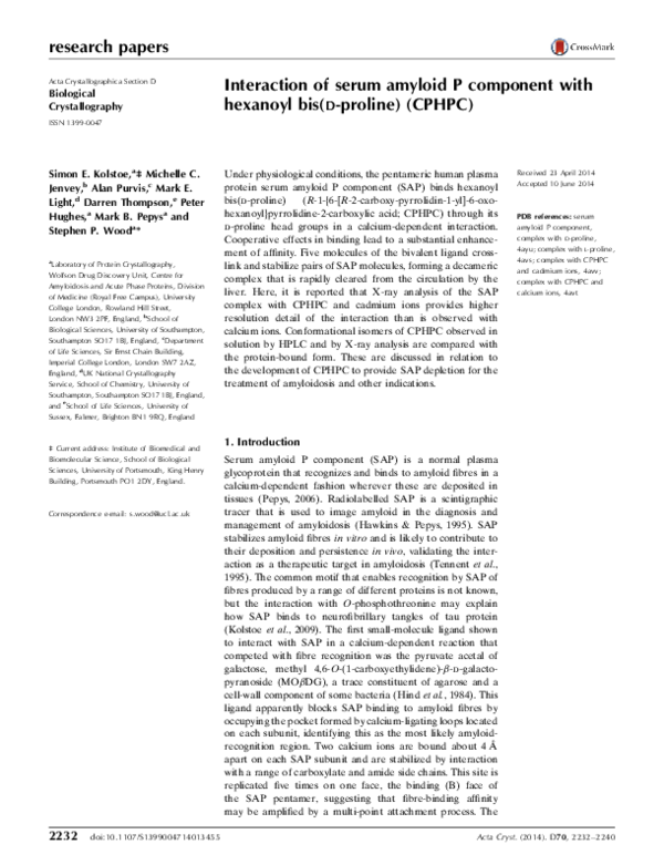 (PDF) Interaction of serum amyloid P component with hexanoyl bis(D-proline) (CPHPC)
