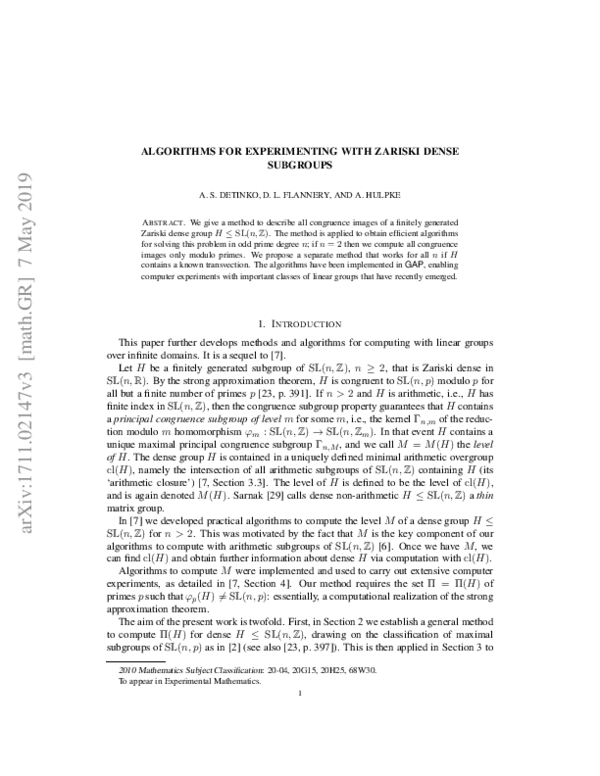 (PDF) Algorithms for Experimenting with Zariski Dense Subgroups | Dane ...