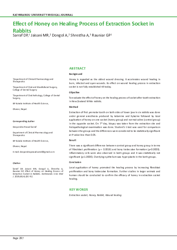 (PDF) Effect of Honey on Healing Process of Extraction Socket in Rabbits