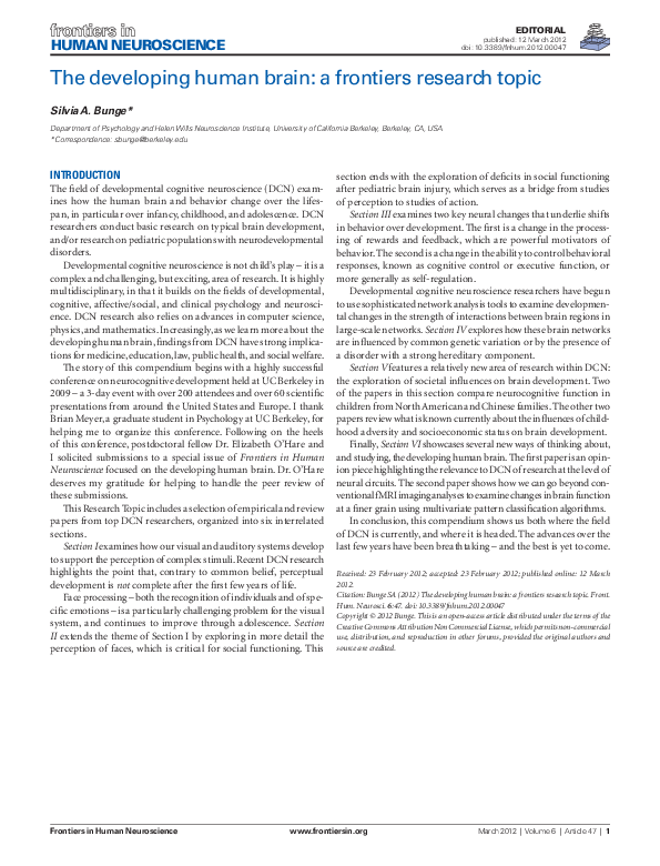 (PDF) The developing human brain: a frontiers research topic