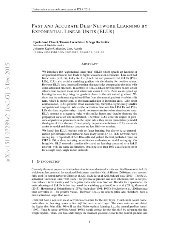 (PDF) Fast and Accurate Deep Network Learning by Exponential Linear Units (ELUs)