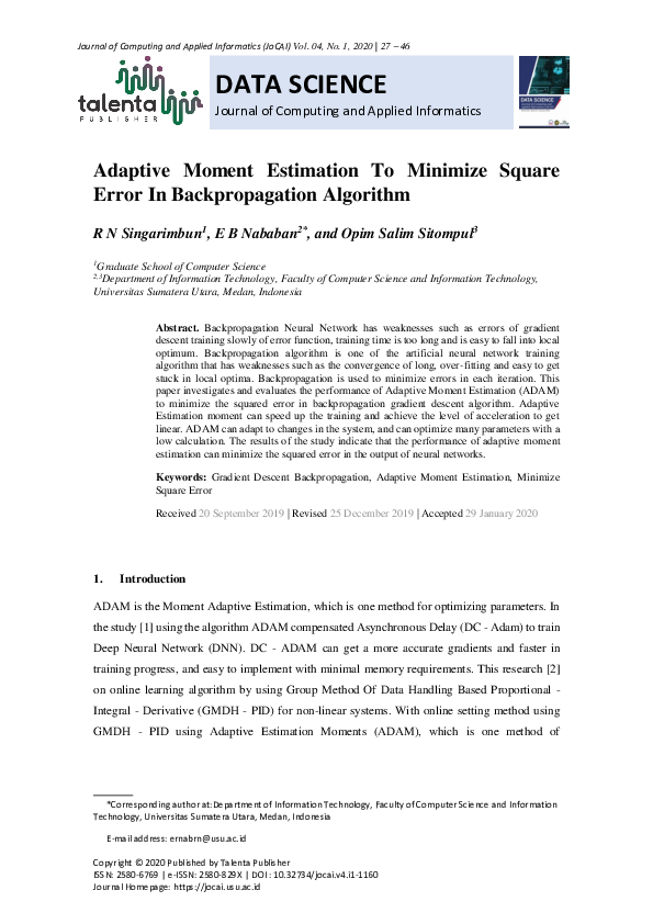 Pdf Adaptive Moment Estimation To Minimize Square Error In Backpropagation Algorithm