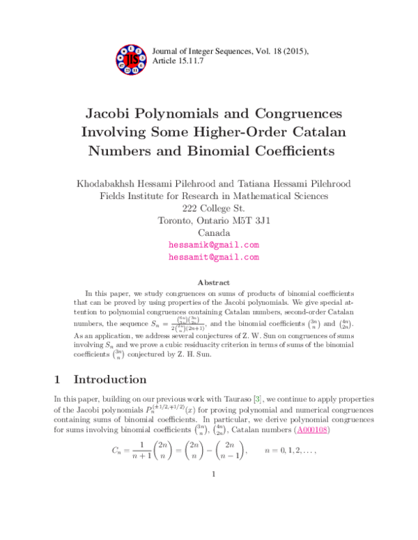 (PDF) Jacobi Polynomials and Congruences Involving Some Higher-Order Catalan Numbers and ...