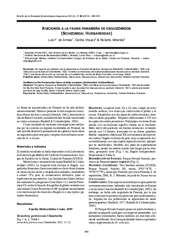 (PDF) Adiciones a La Fauna Panameña De Esquizómidos (Schizomida ...
