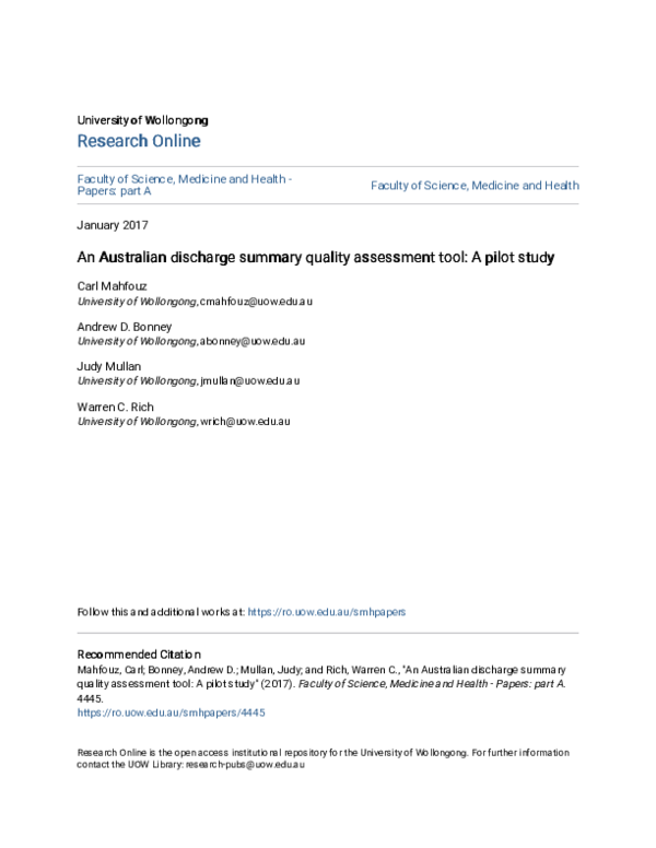 (PDF) An Australian discharge summary quality assessment tool: A pilot ...