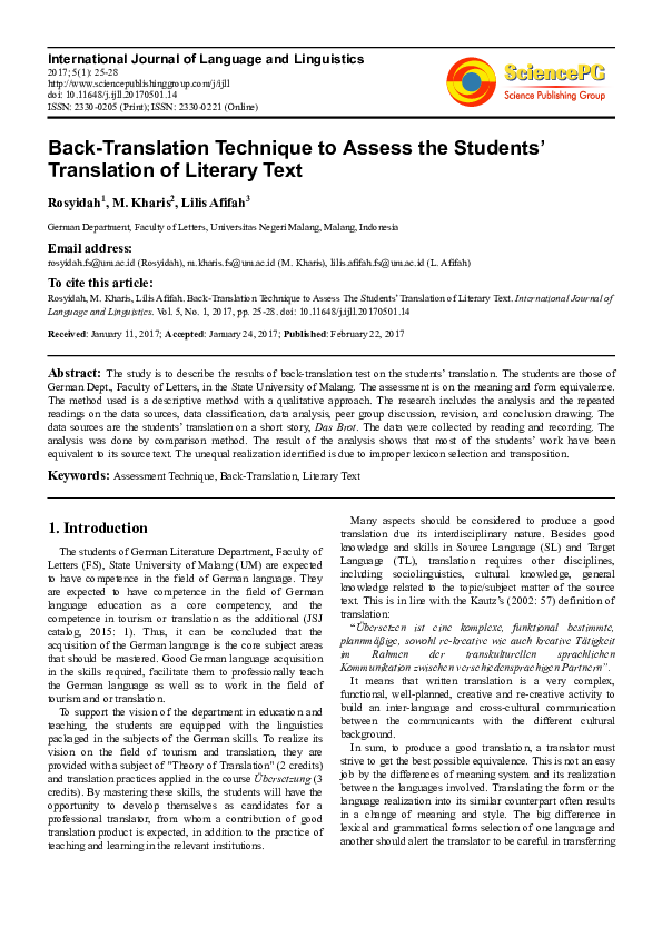 (PDF) Back-Translation Technique to Assess the Students’ Translation of ...