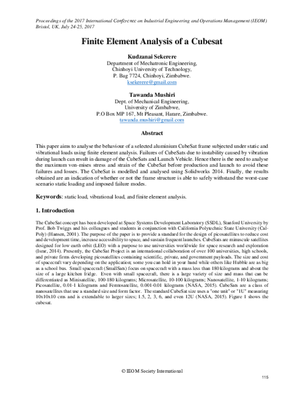 (PDF) Finite element analysis of a cubesat