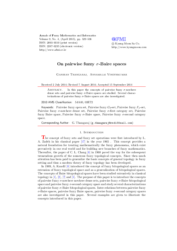 (PDF) On pairwise fuzzy σ-Baire spaces
