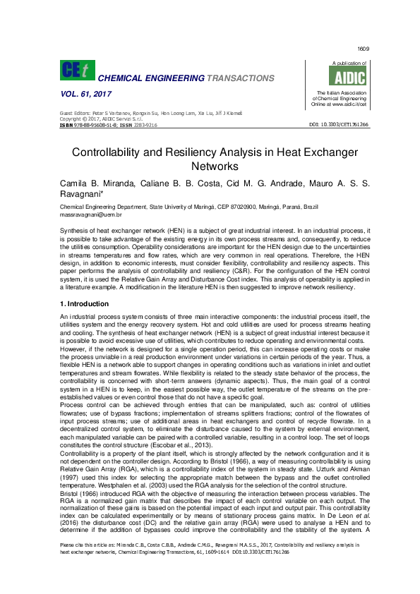 (PDF) Controllability and resiliency analysis in heat exchanger networks
