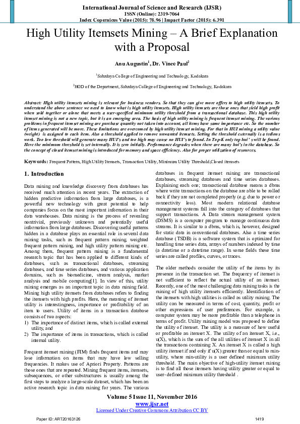 (PDF) High Utility Itemsets Mining – A Brief Explanation with a Proposal