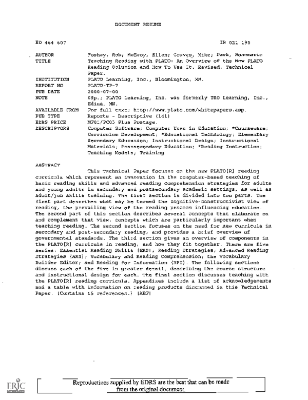 (PDF) Teaching Reading with PLATO: An Overview of the New PLATO Reading ...