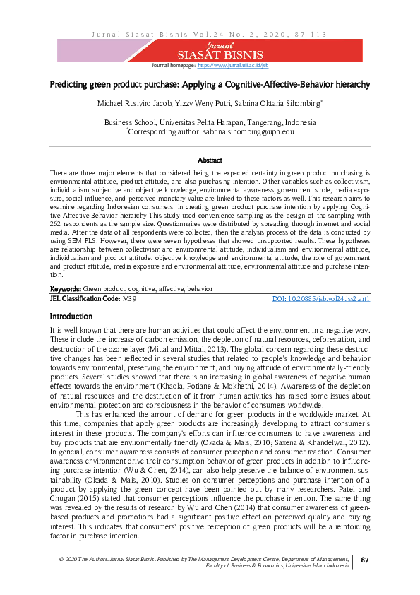 (PDF) Predicting green product purchase: Applying a Cognitive-Affective-Behavior hierarchy