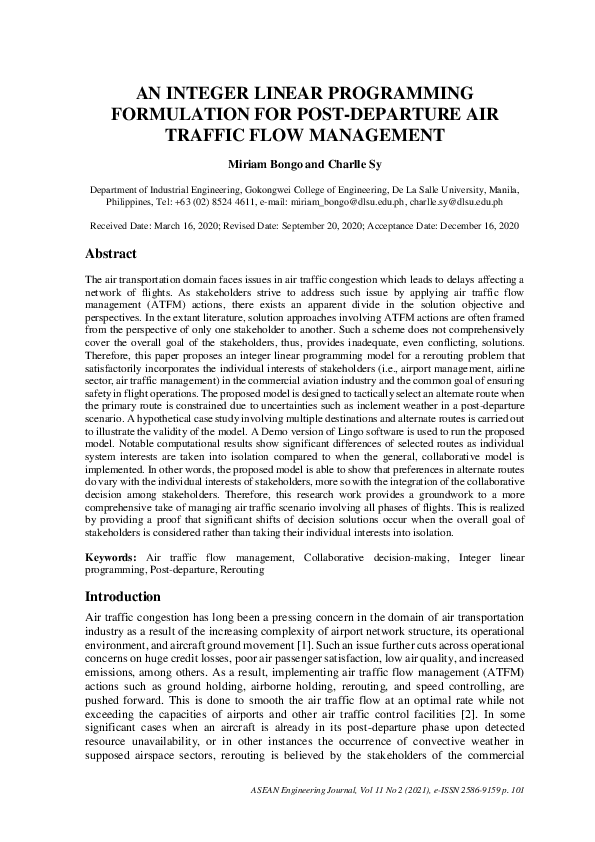 (PDF) An Integer Linear Programming Formulation for Post-Departure Air ...