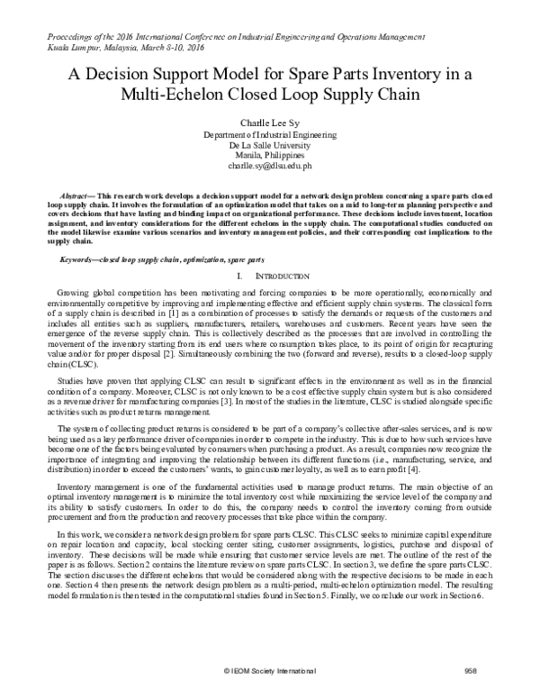 (PDF) A Decision Support Model for Spare Parts Inventory in a Multi-Echelon Closed Loop Supply Chain