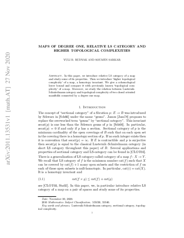 (PDF) Maps of degree one, relative LS category and higher topological ...
