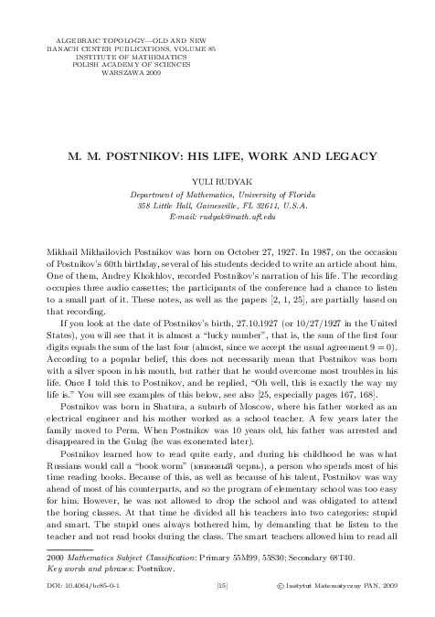 (PDF) MM Postnikov: His Life, Work and Legacy