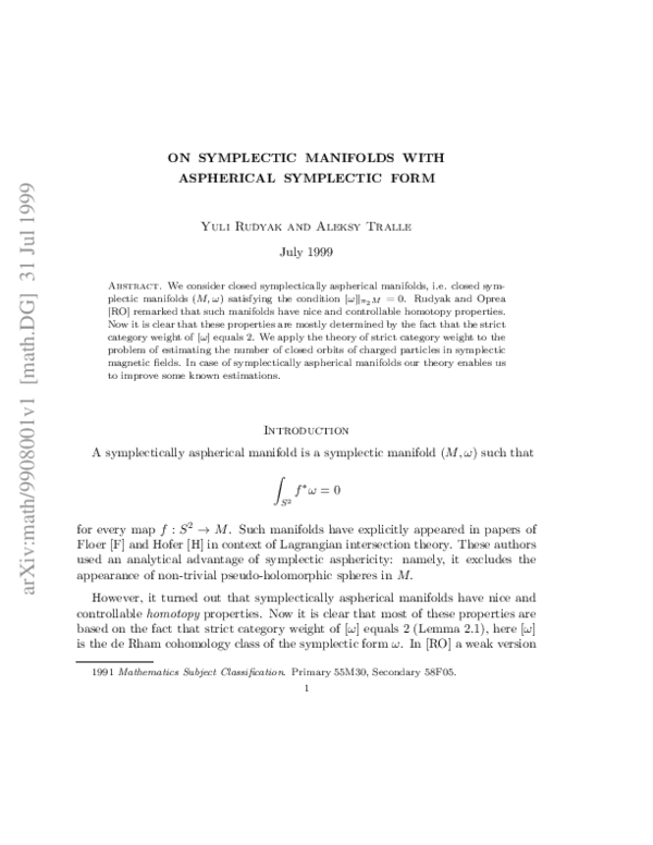 (PDF) On symplectic manifolds with aspherical symplectic form
