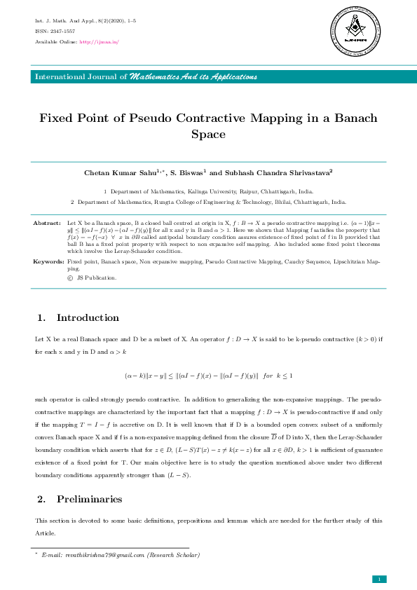 Pdf Fixed Point Of Pseudo Contractive Mapping In A Banach Space