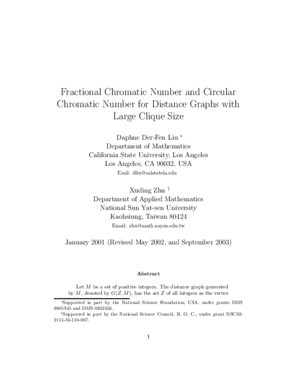 (PDF) Fractional chromatic number and circular chromatic number for distance graphs with large ...